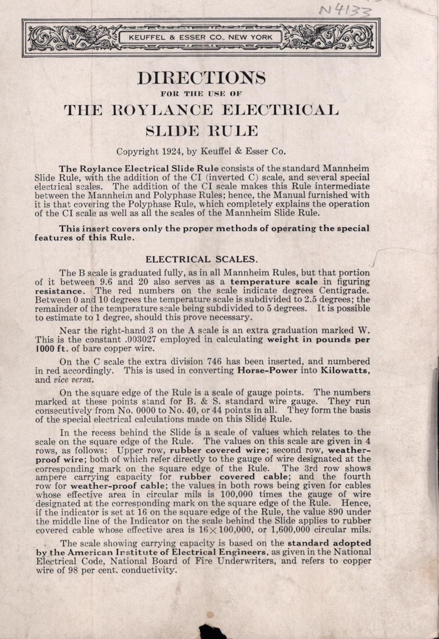 K&E Directions for the Roylance Electrical Slide Rule N4133 by K&E 1924 ...